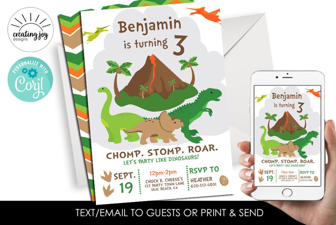Editable Dinosaur Invite Invitation Digital 5x7 Birthday Kids ANY AGE ...