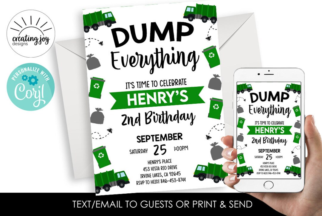 Editable Garbage Truck Invitation Invite Trash Dump Recycle 5x7 Digital ...
