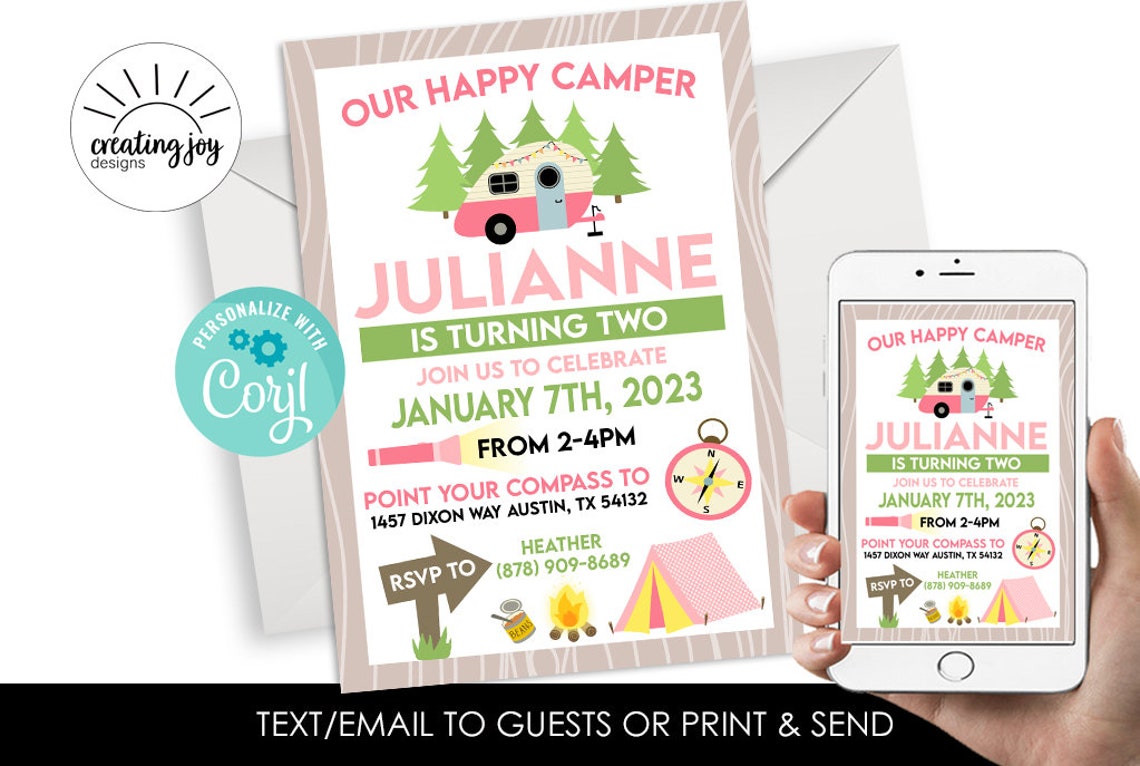 Editable Camping Invite Girl Invitation Digital Birthday 5x7 Camper RV ...