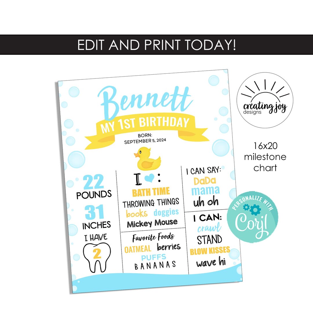 Editable Rubber Duck Milestone Chart Digital Birthday Poster Kids 1st ...