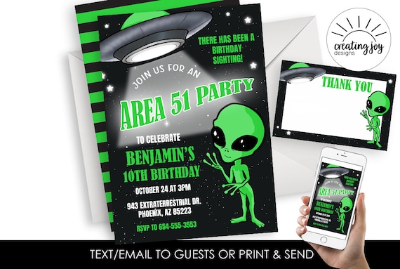 Alien Birthday Invitation Invite Area 51 Extraterrestrial 5x7 | Etsy