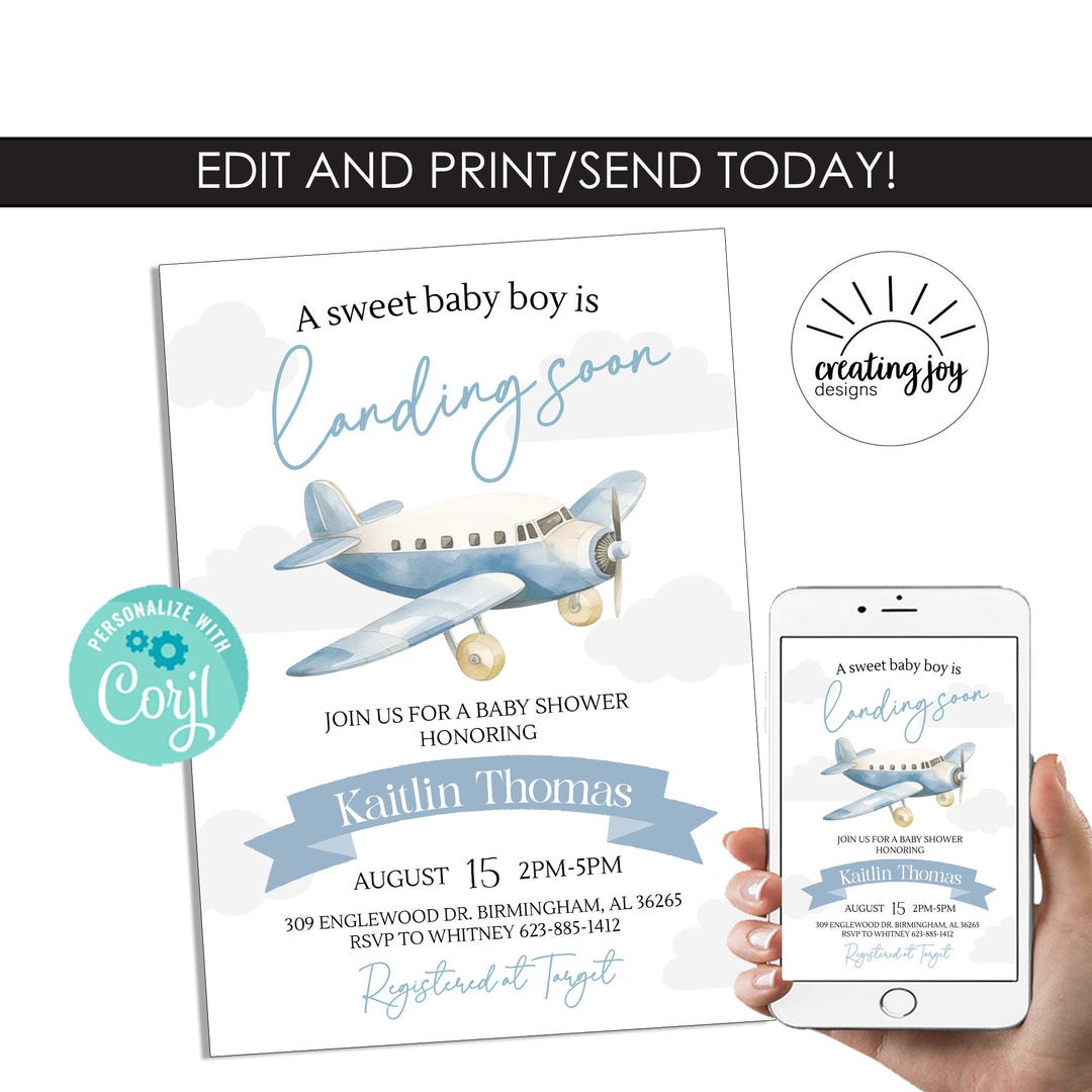 Editable Landing Soon Baby Shower Invitation Invite Airplane Blue Boy ...
