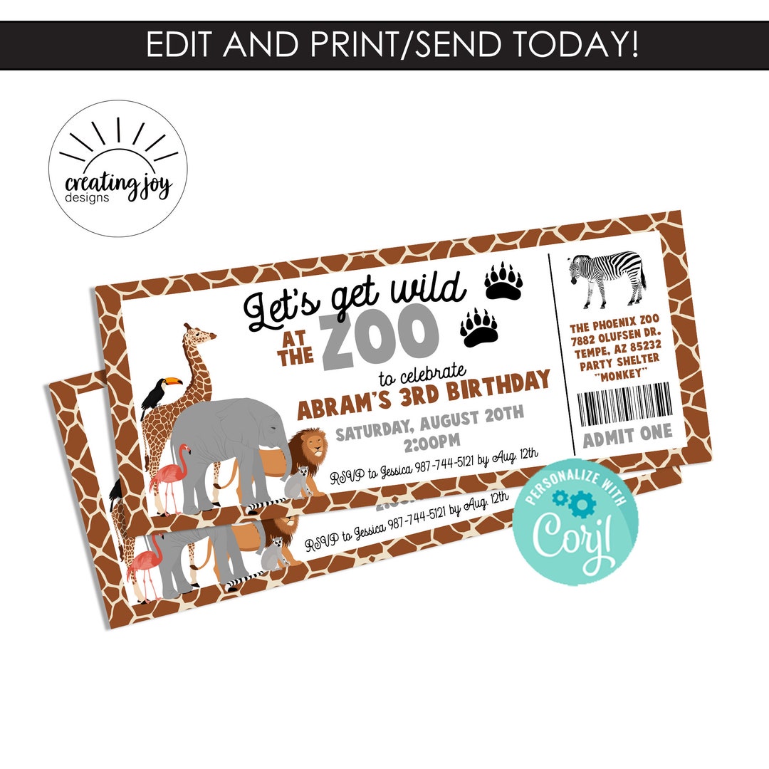 Editable Zoo Birthday Ticket Invitation Invite Digital 7x3 Template ...