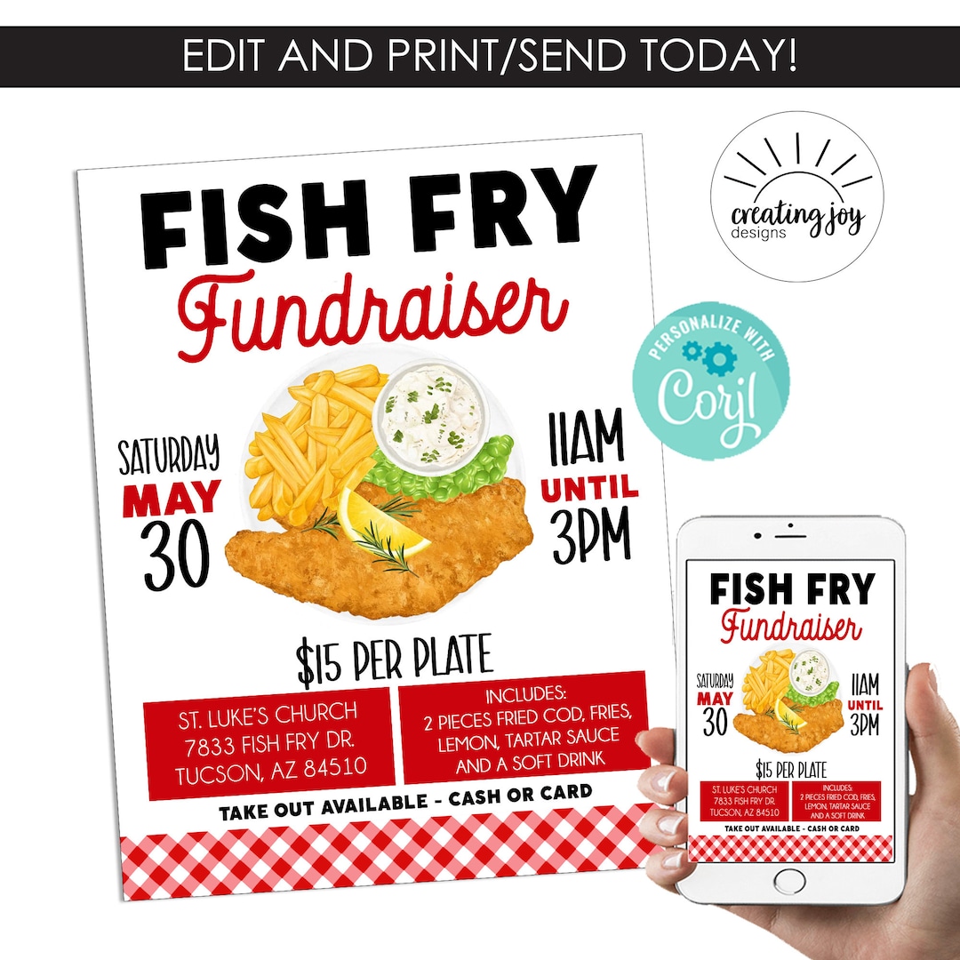 Editable Fish Fry Fundraiser Flyer Red Template Printable 8.5x11 ...