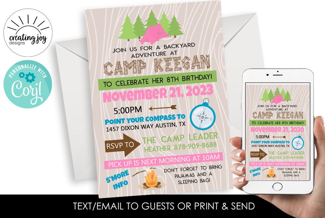 Editable Campout Camping Invite Invitation Birthday Girl Digital File 5x7 Sleepover Camp ...