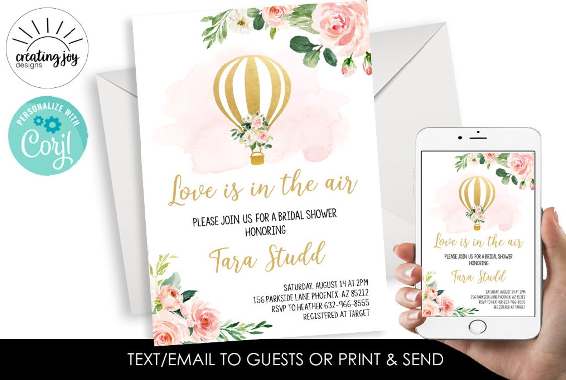 Editable Hot Air Balloon Bridal Shower Invitation Invite Digital ...