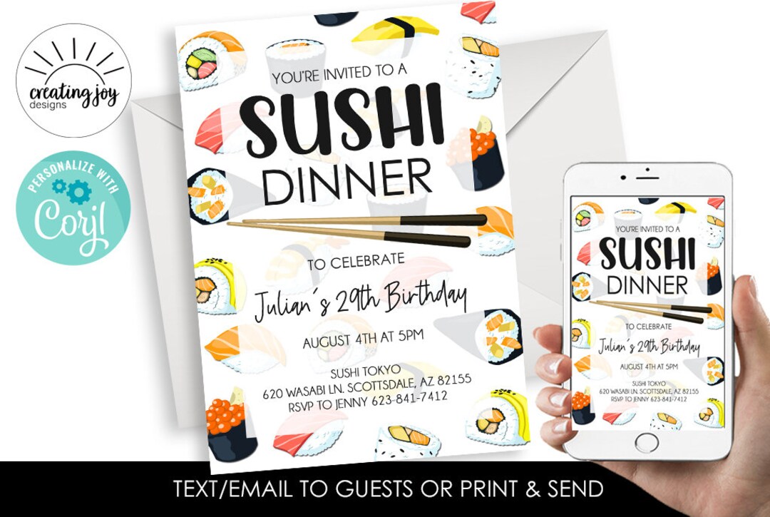 Editable Sushi Dinner Invitation Invite Birthday Digital 5x7 Adult Kids ...