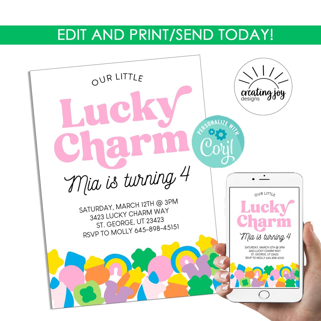 Editable Lucky Charm Birthday Invitation Invite 5x7 St Patricks Day ...