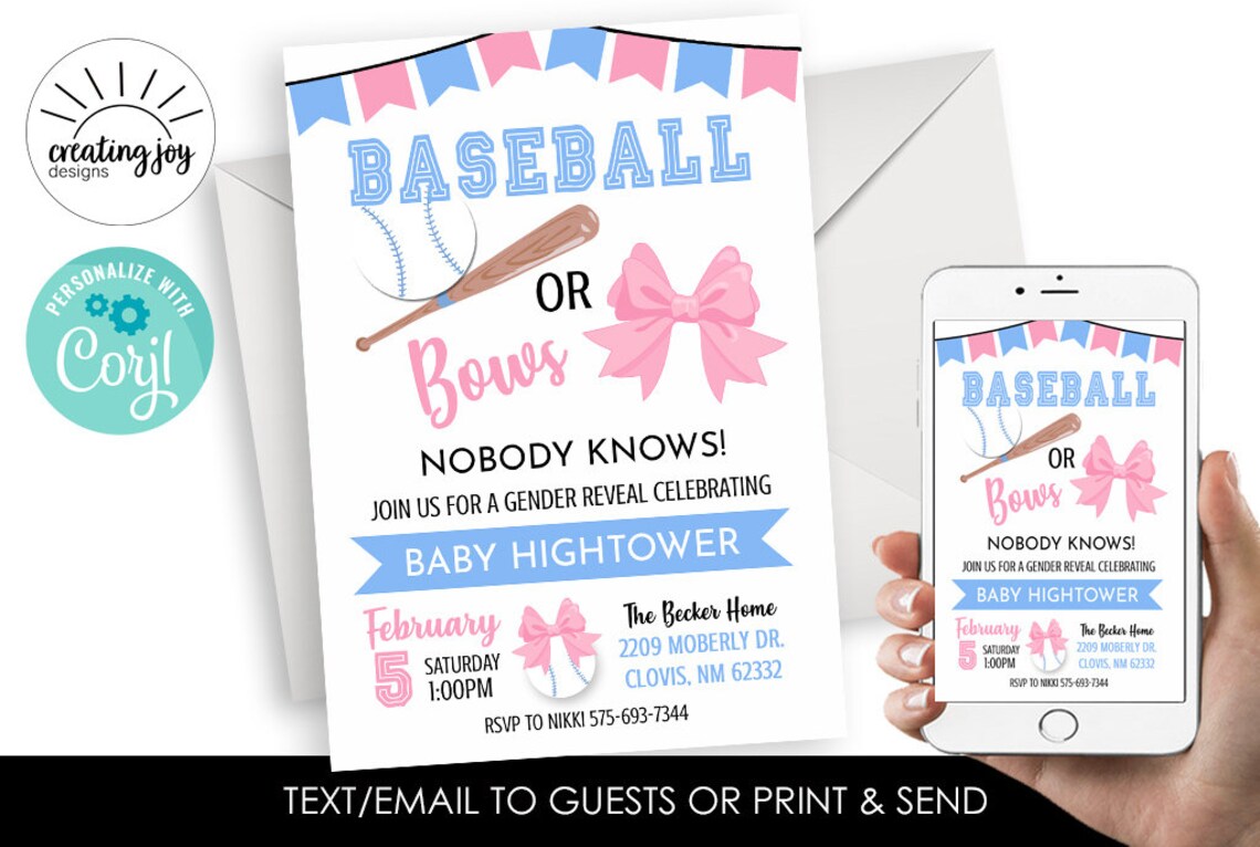 Editable Baseball or Bows Gender Reveal Invitation Invite Digital 5x7 ...