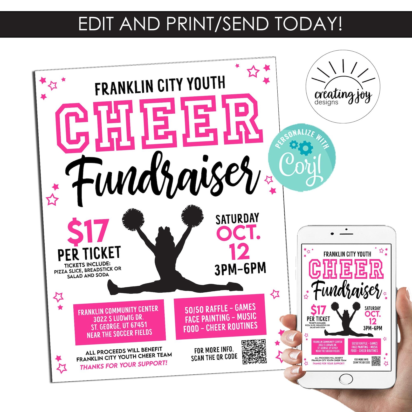 Editable Cheer Fundraiser Template Flyer Digital 8.5x11 Hot Pink Girls ...