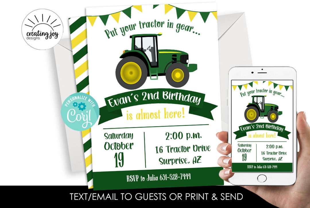 Editable Tractor Invite Invitation Birthday Party Kids Green Boys 5x7 ...
