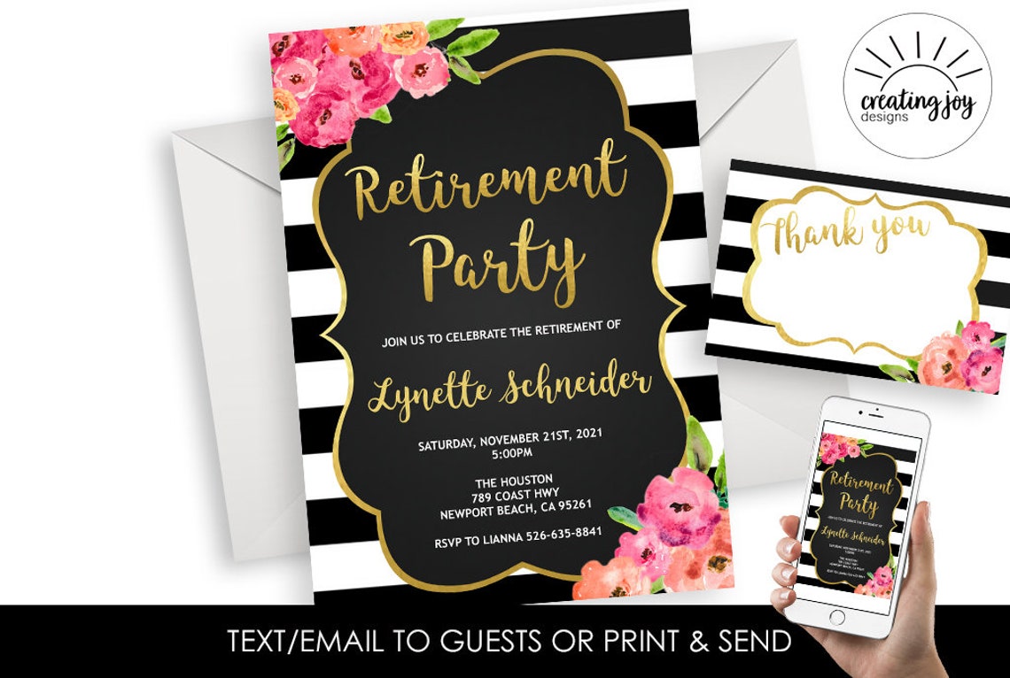 Retirement Party Invitation Invite Women's Watercolor Stripes Floral ...