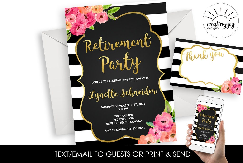 Retirement Party Invitation Invite Women's Watercolor Stripes Floral ...