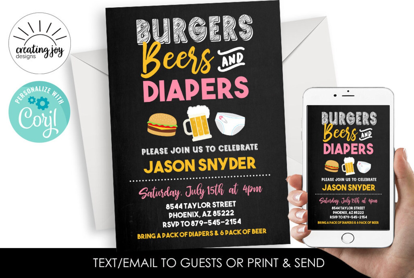 Editable Diaper Party Burgers Beer Invitation Invite Pink Baby Shower ...
