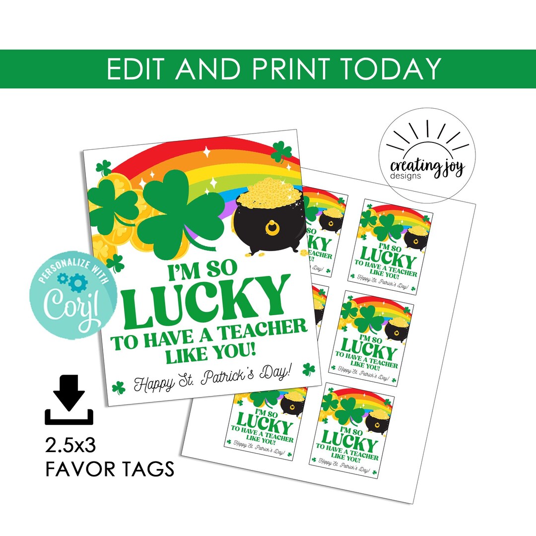 St Patricks Day Tags Lucky Teacher Gift Tag Favor EDITABLE Printable ...