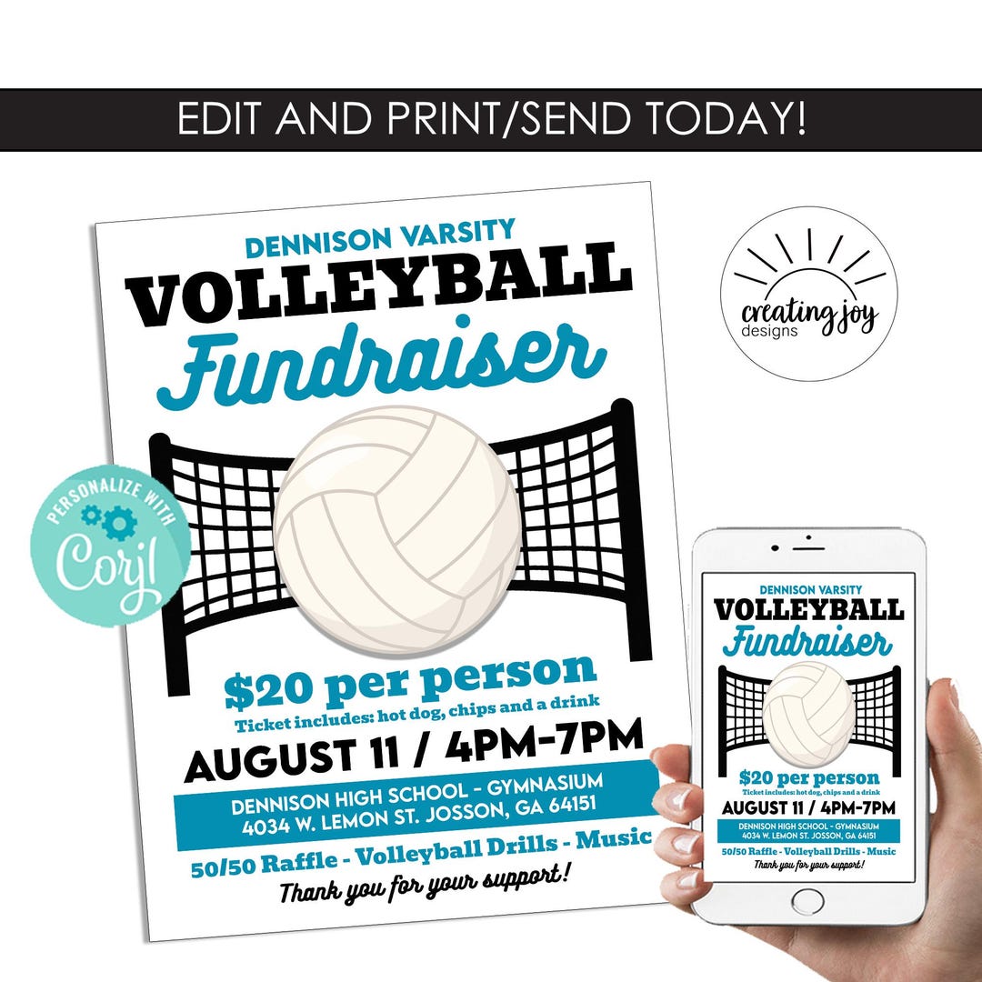 Editable Volleyball Fundraiser Flyer Template Digital 8.5x11 Invite ...