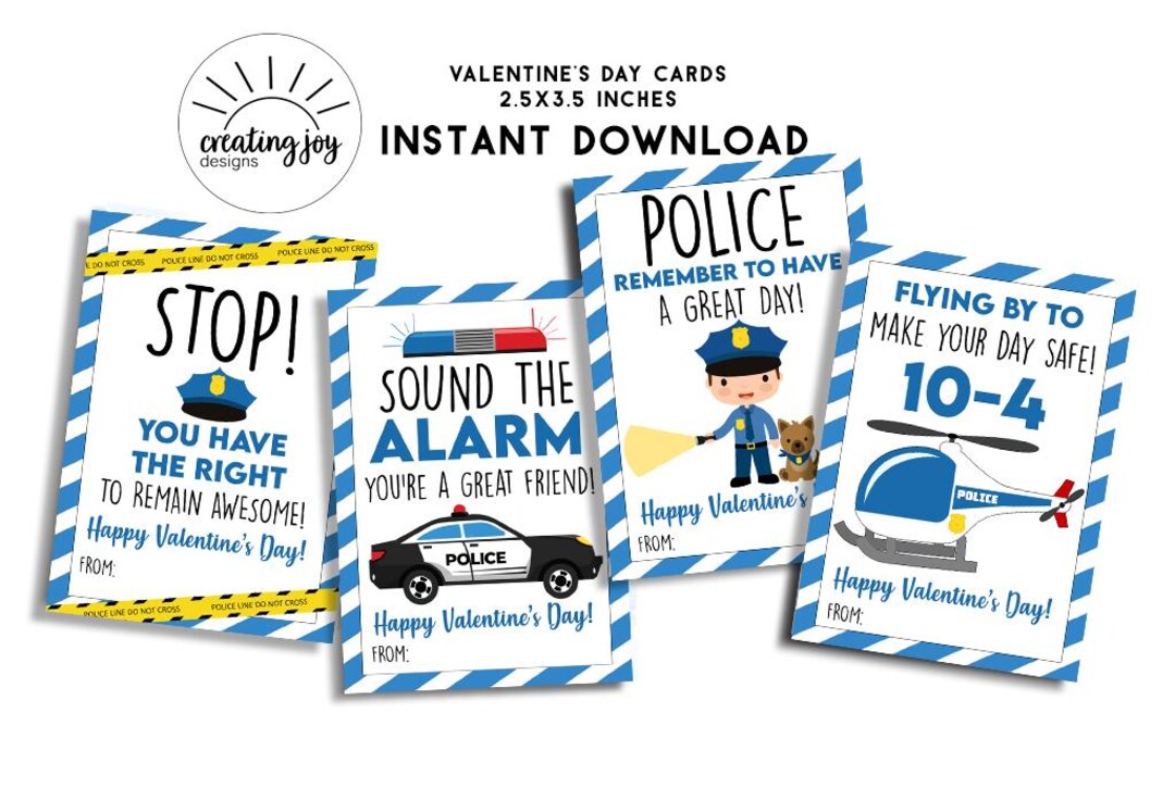 Police Valentine's Day Cards Printable Cops Digital Instant Download ...