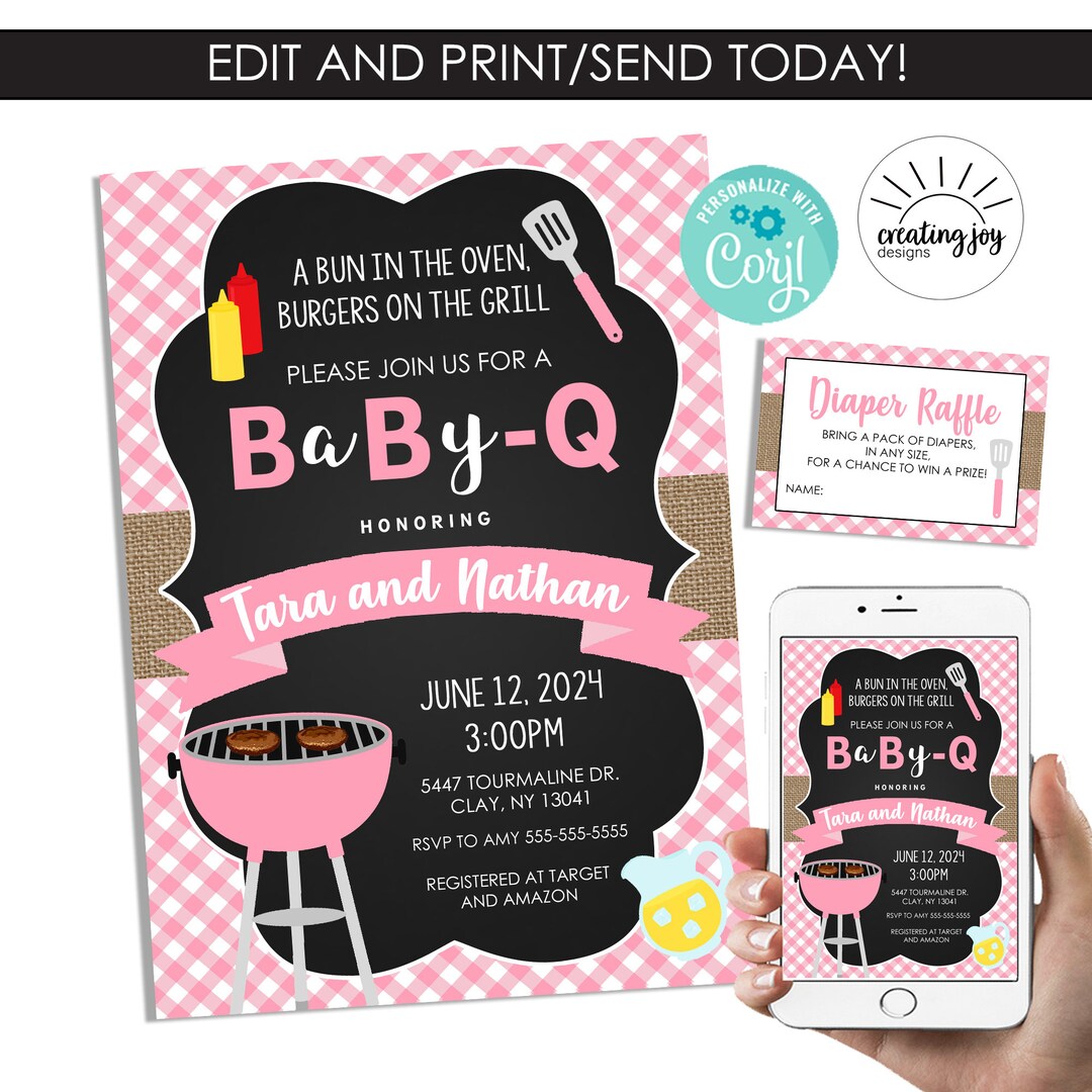 Editable BBQ Baby Shower Invitation Pink Babyq Invite Digital 5x7 ...