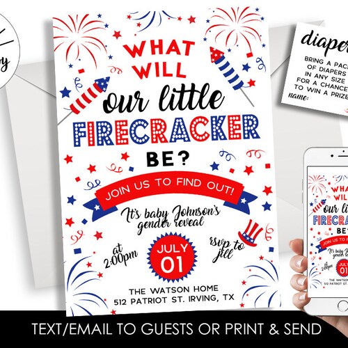Firecracker Baby Gender Reveal Invitation 4th of July He or - Etsy