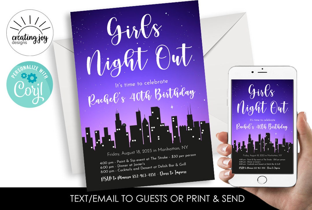 Editable Girls Night Out Invitation Invite Digital 5x7 City Skyline ...
