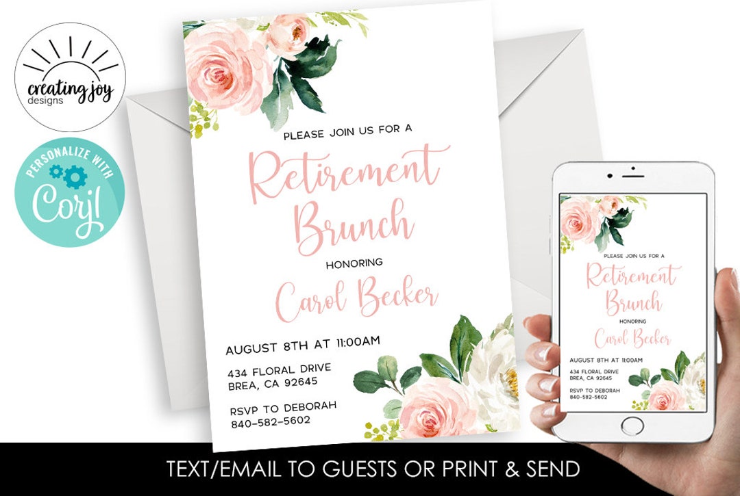 Editable Retirement Brunch Lunch Invite Invitation Watercolor Floral ...