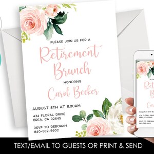 Editable Retirement Brunch Lunch Invite Invitation Watercolor Floral ...