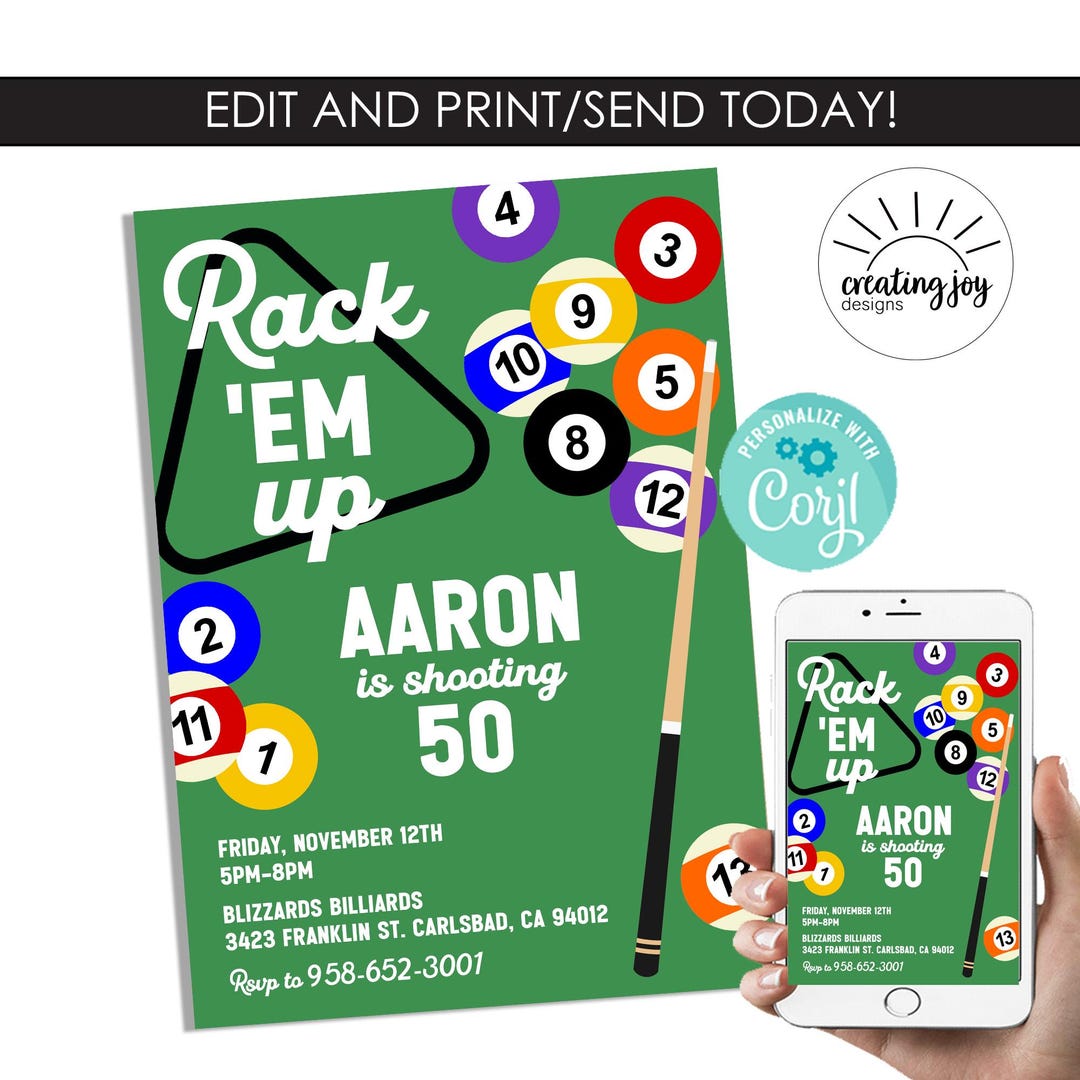 Editable Billiards Birthday Invitation Invite Digital 5x7 Instant ...