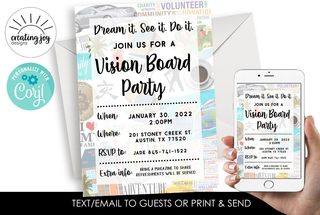 Editable Vision Board Party Invitation Invite Digital 5x7 Goals Dreams ...