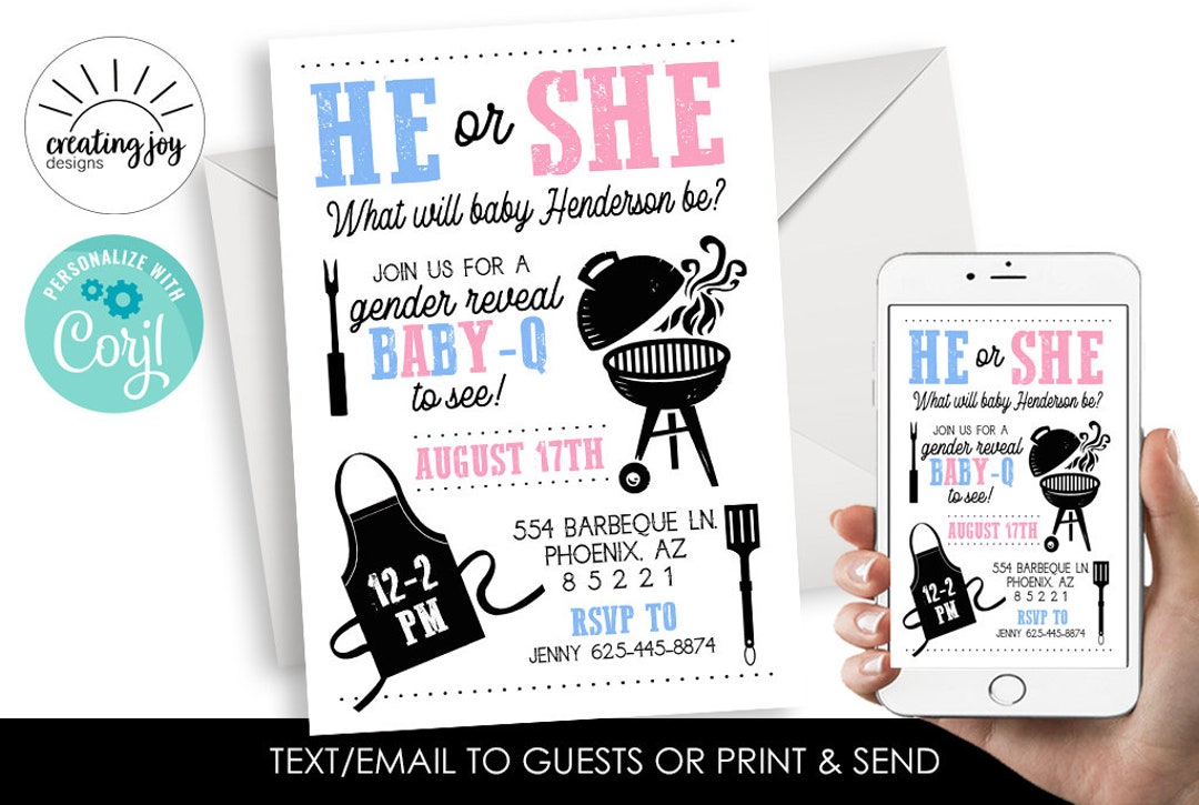 Editable Baby Q Gender Reveal Invitation Invite Digital 5x7 He She Pink ...