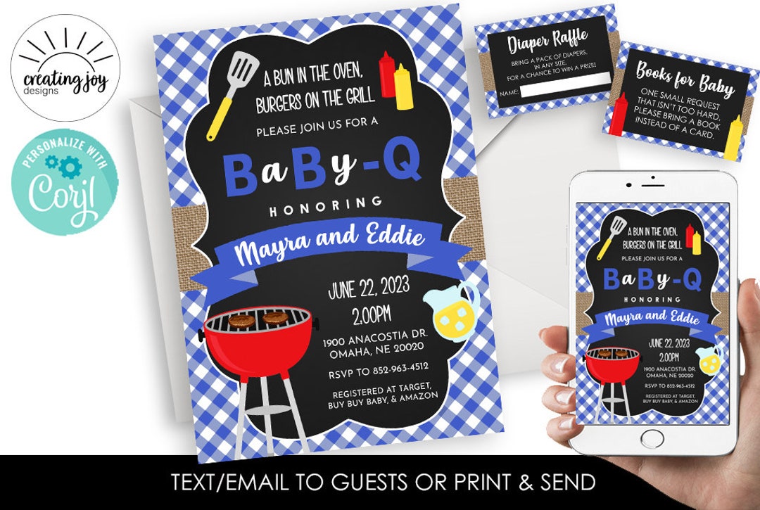 Editable Baby Q Invitation Invite Blue Baby BBQ Shower Digital 5x7 ...