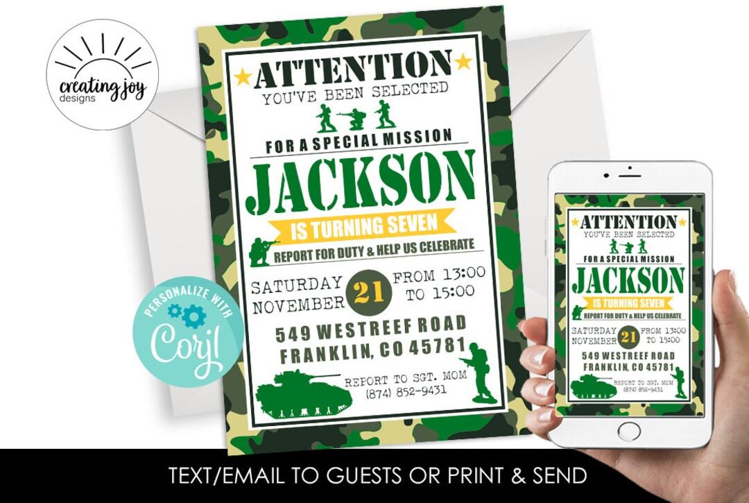 Editable Army Invite Soldier Invitation Green Men Camo Military ...