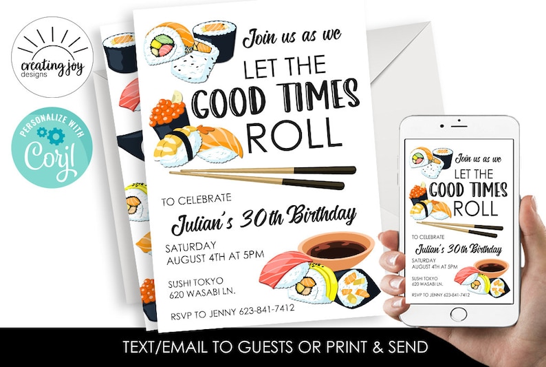 Editable Sushi Birthday Invite Invitation Dinner Party Adult Kids ANY ...