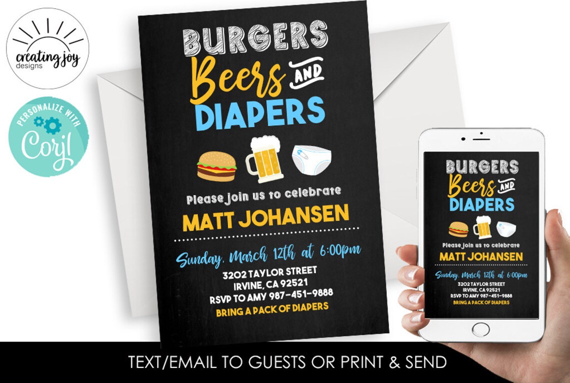 Editable Burgers Beer Diaper Invitation Invite Party Shower Mens ...