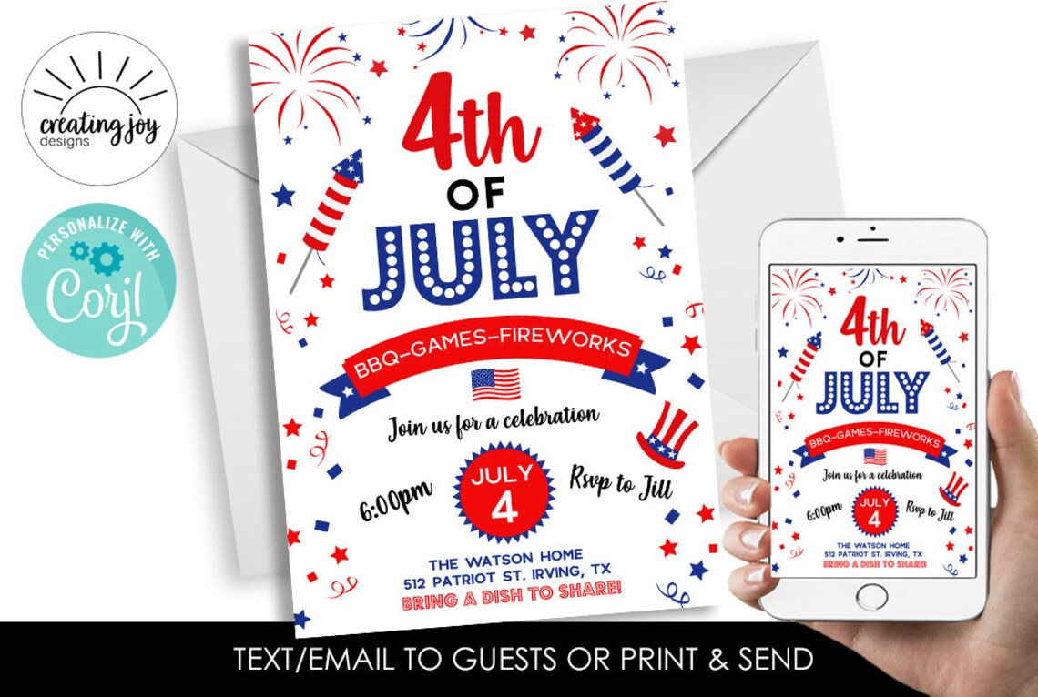 Editable 4th of July Invitation Invite Party BBQ Fourth America ...