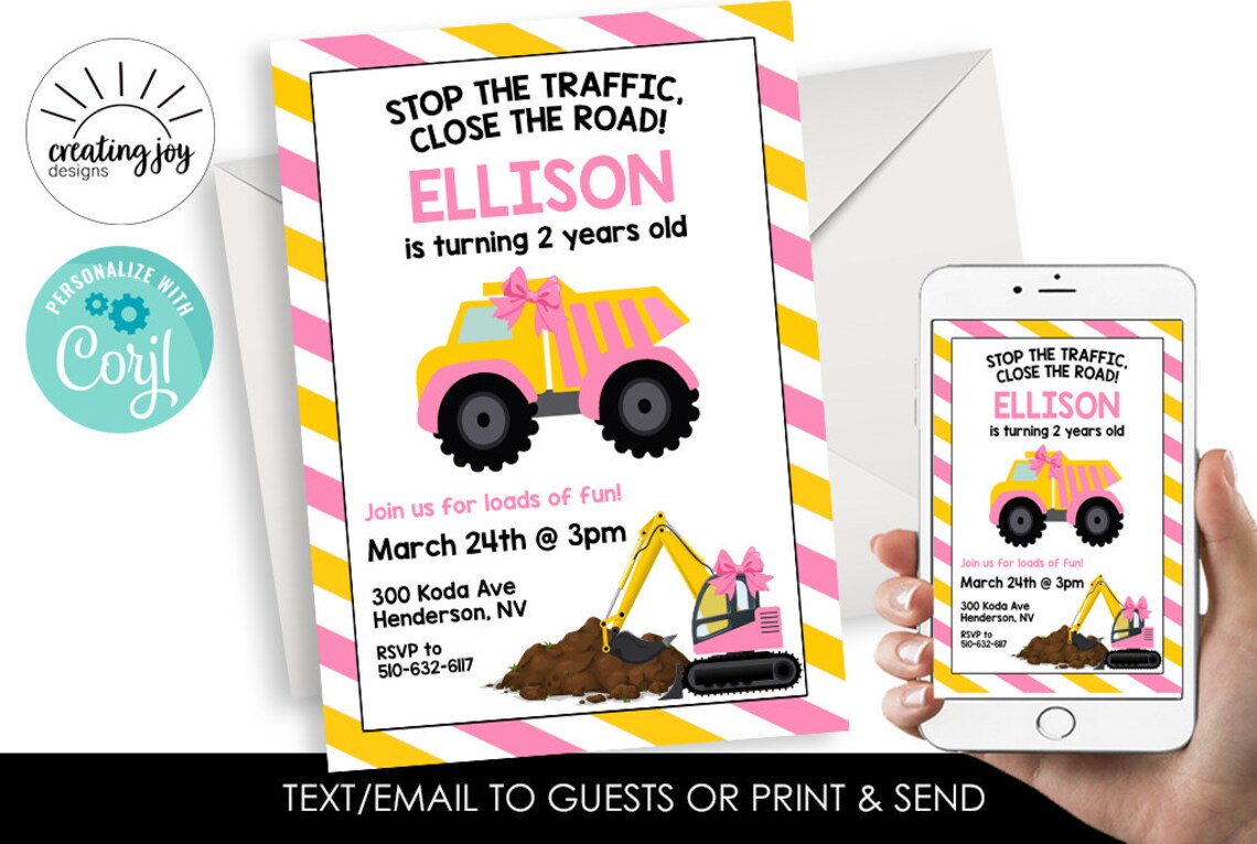 Editable Girl Dump Truck Invite Construction Invitation Birthday Party ...