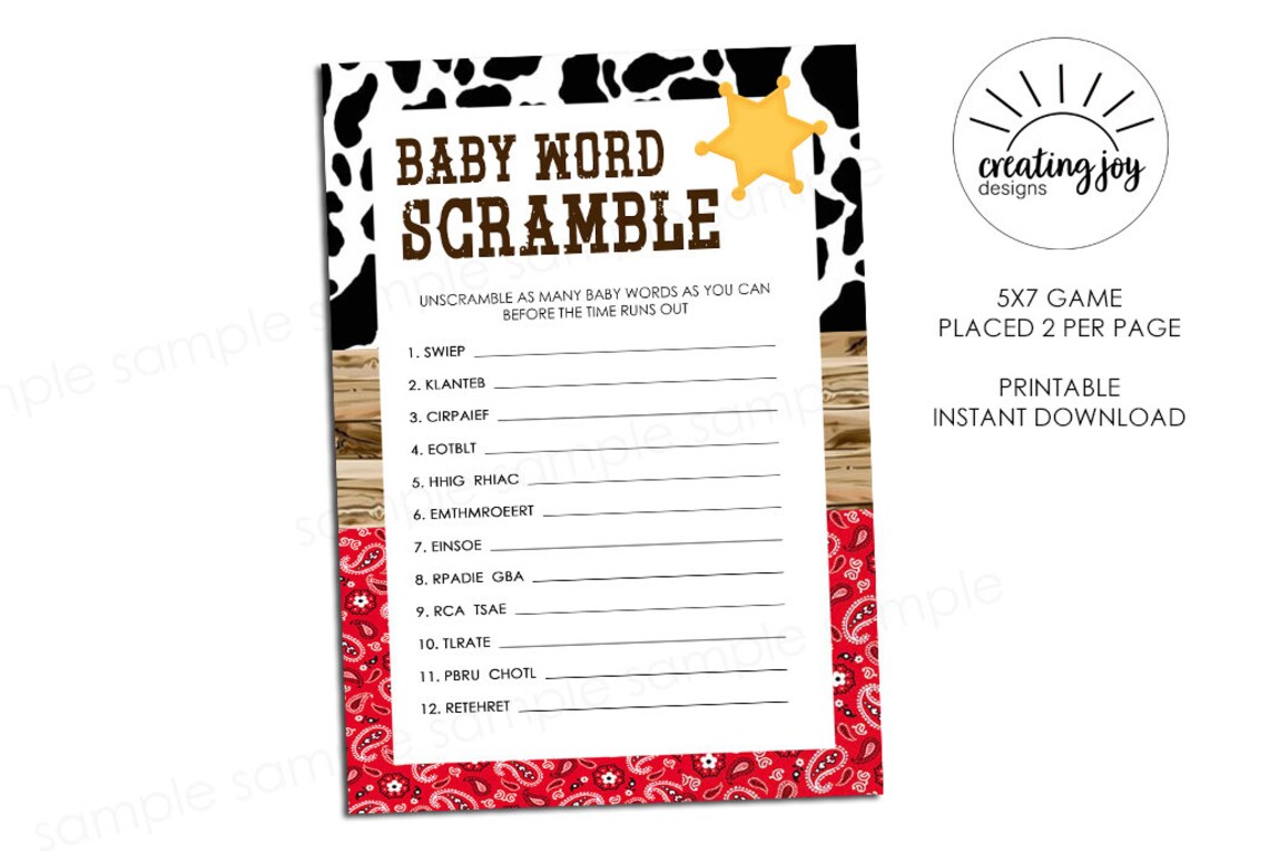 Cowboy Baby Shower Game Baby Word Scramble Digital 5x7 Red - Etsy