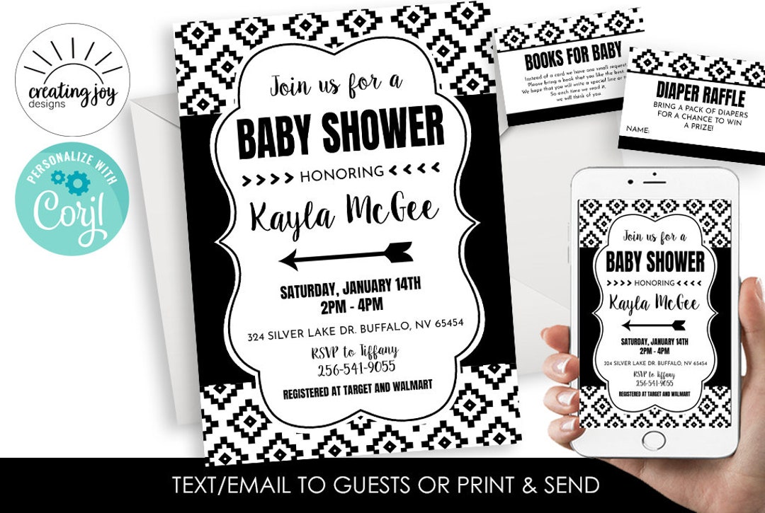 Editable Aztec Baby Shower Invitation Invite Black White Tribal Native ...