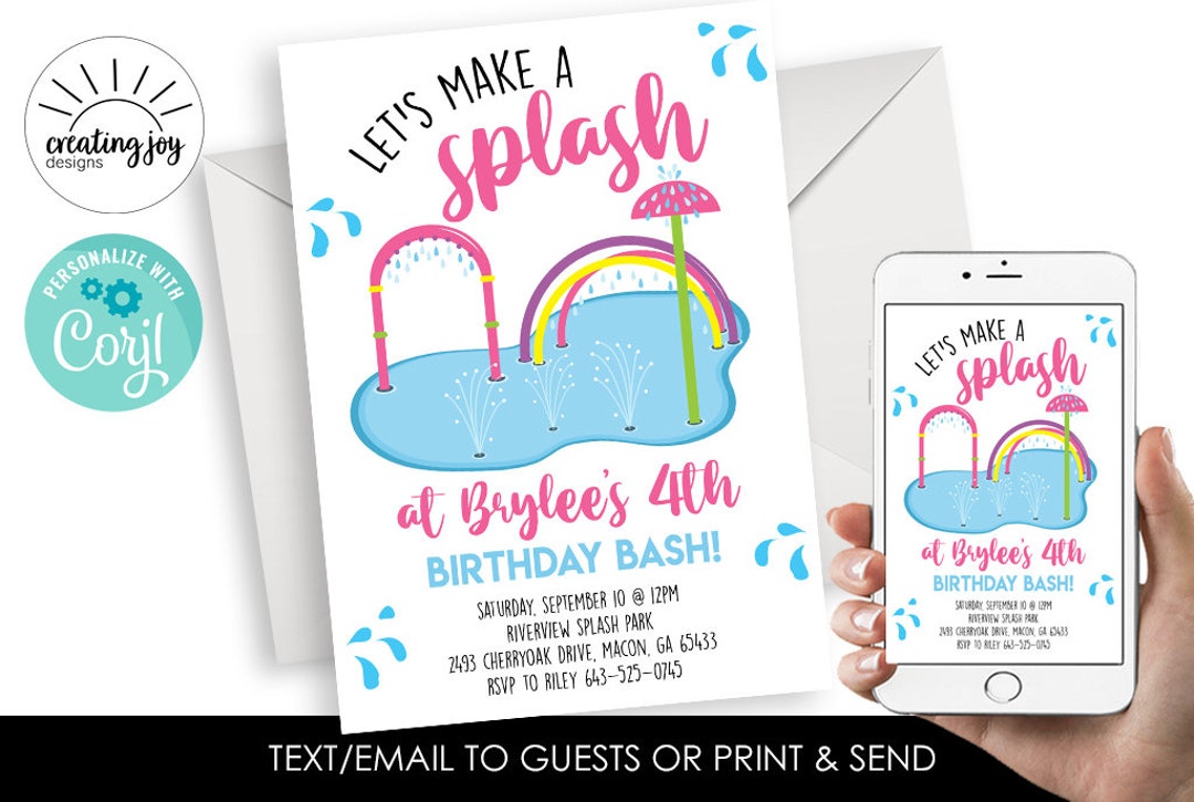 Editable Splash Pad Birthday Invitation Digital 5x7 Pink Kids Party ...