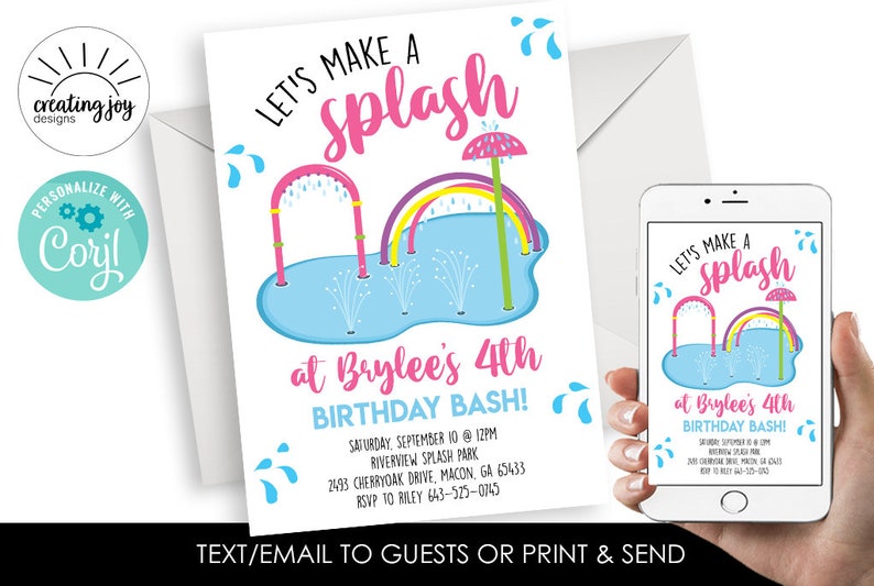 Editable Splash Pad Birthday Invitation Digital 5x7 Pink Kids - Etsy