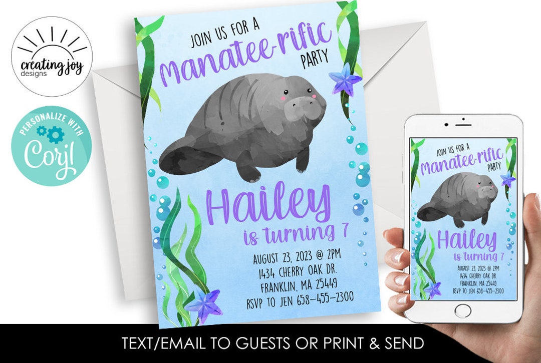 Editable Manatee Birthday Invitation Invite Digital 5x7 Ocean Girls Sea ...