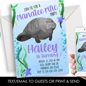 Editable Manatee Birthday Invitation Invite Digital 5x7 Ocean Girls Sea ...