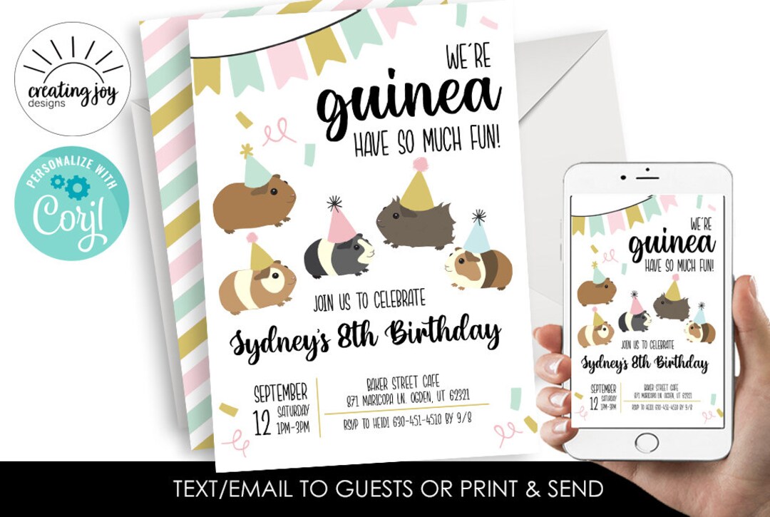 Editable Guinea Pig Invitation Invite Digital Girl Birthday 5x7 Pink ...
