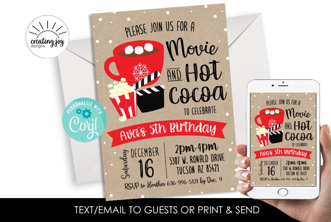 Editable Movie Night Hot Cocoa Invite Birthday Invitation Holiday ...