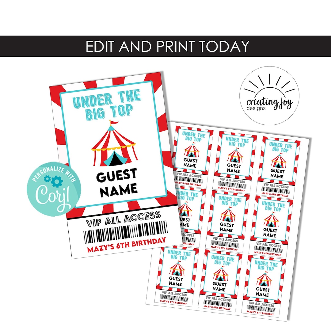 Editable Circus Carnival Name Tags VIP Pass Template Digital Instant ...