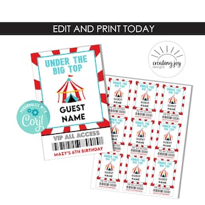 Editable Circus Carnival Name Tags VIP Pass Template Digital Instant ...