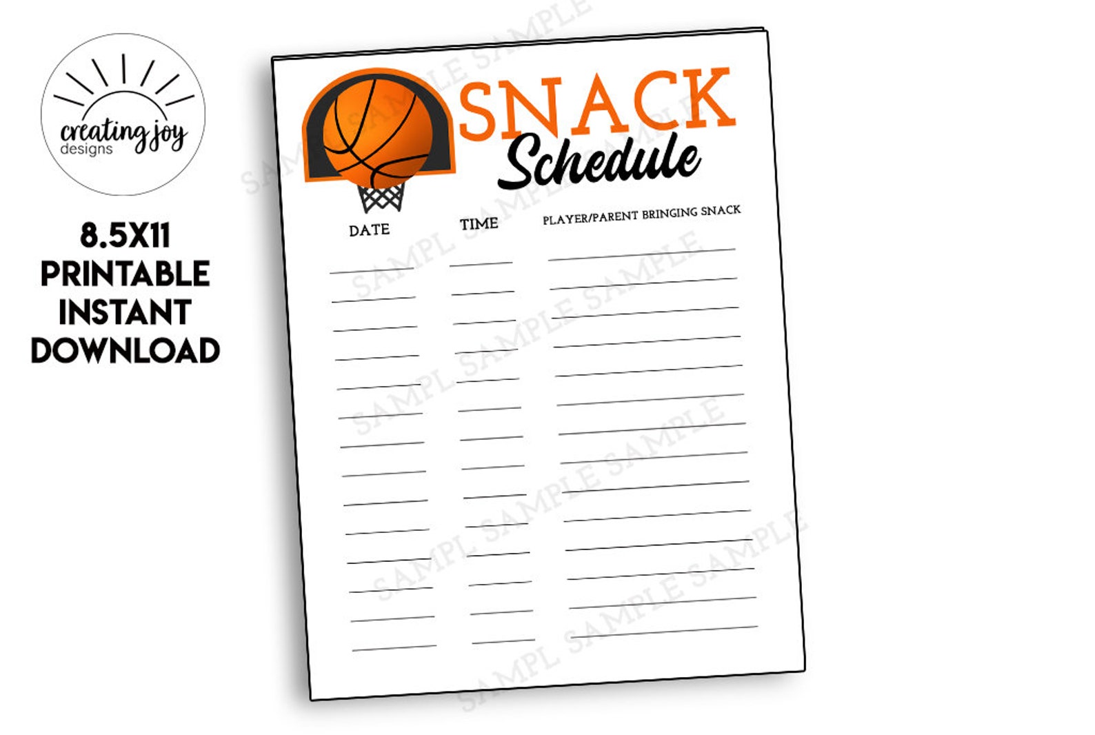 Printable Basketball Snack Schedule Sign up Sheet Instant Download ...