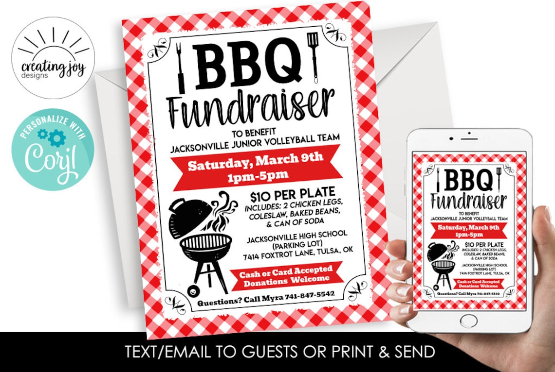 Editable BBQ Fundraiser Flyer Invitation Digital 8.5x11 Barbecue Work ...