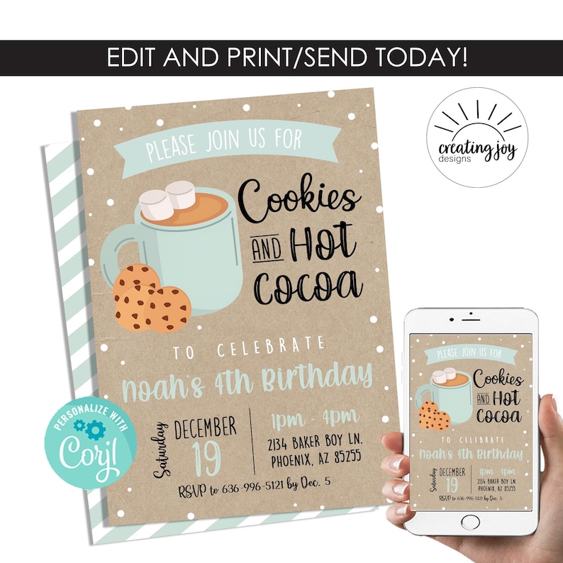 Editable Cookie Hot Cocoa Invitation Birthday Invite Blue Template ...