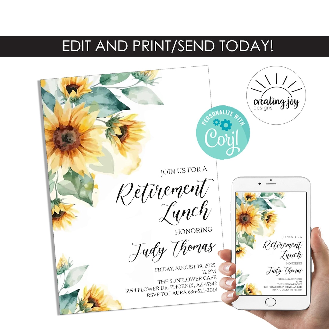 Editable Sunflower Invitation Retirement Invite Digital 5x7 Template ...