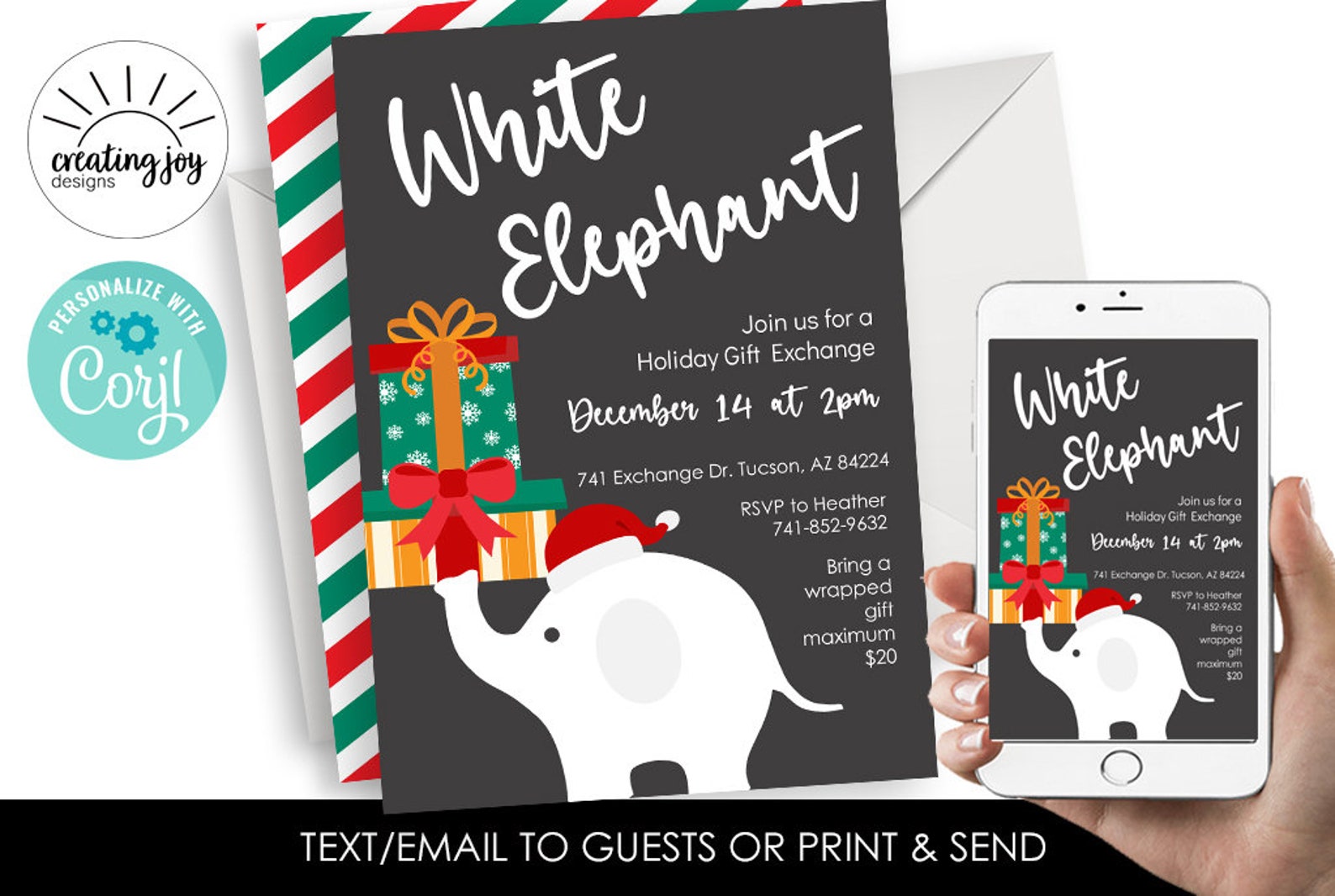 Editable White Elephant Invitation Invite Digital Christmas Holiday 5x7 ...